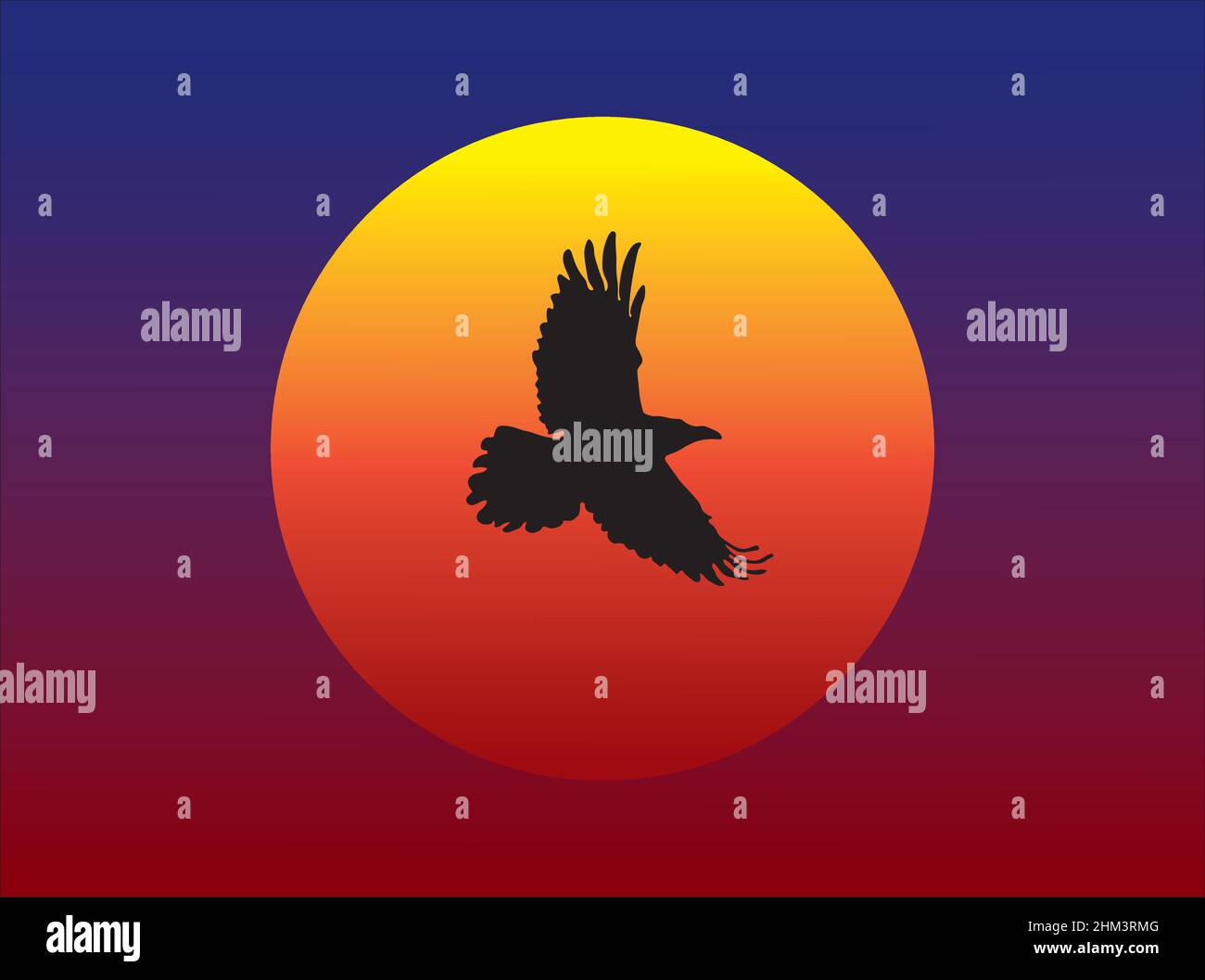 Vector graphics depicting a black silhouette of a raven flying in front ...