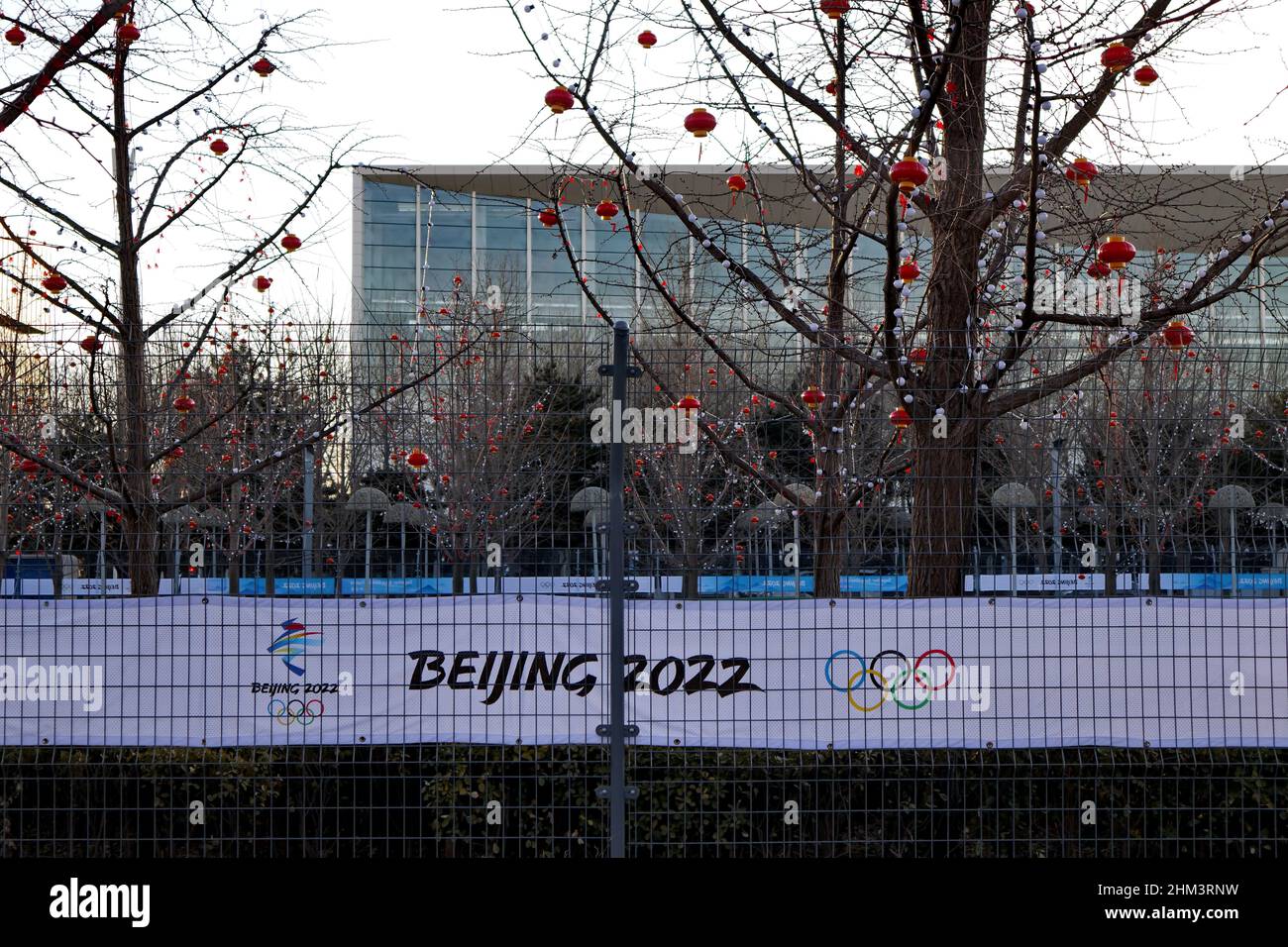 The signage with emblem and slogan of Beijing 2022 Winter Olympics at Olympic Park in Beijing ...