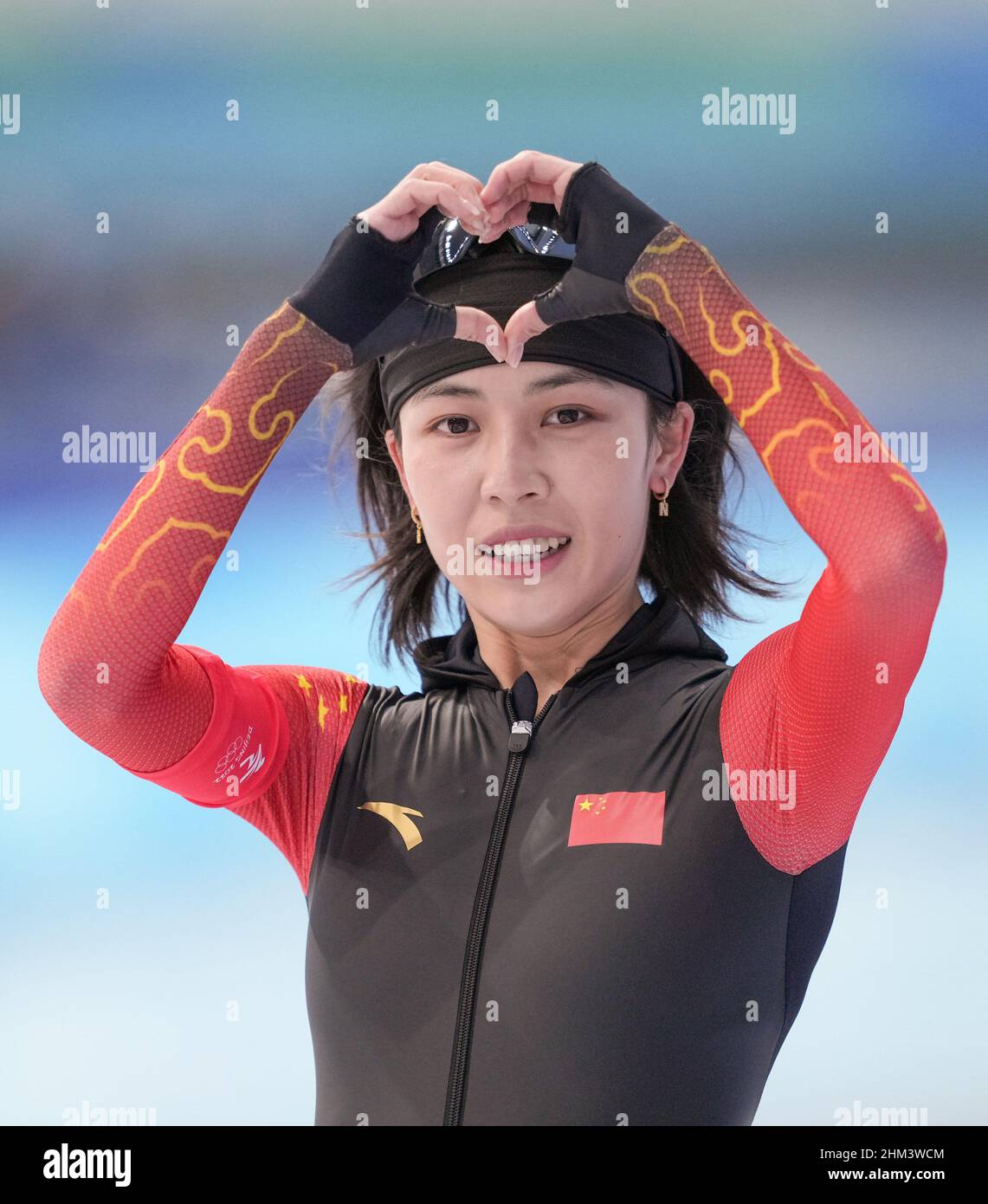 Beijing, China. 7th Feb, 2022. Ahenaer Adake of China makes a hand ...