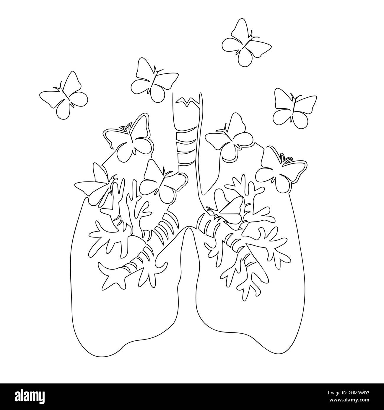Ease of breathing in the lungs. Drawn in one line. Isolated stock ...