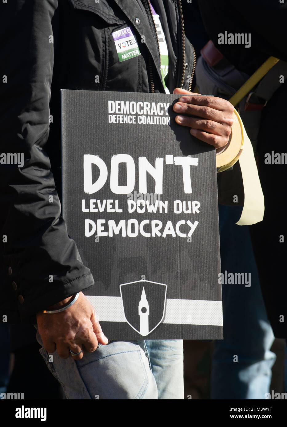 London, UK, 5th February 2022. Campaign sign at the Make Votes Matter ...