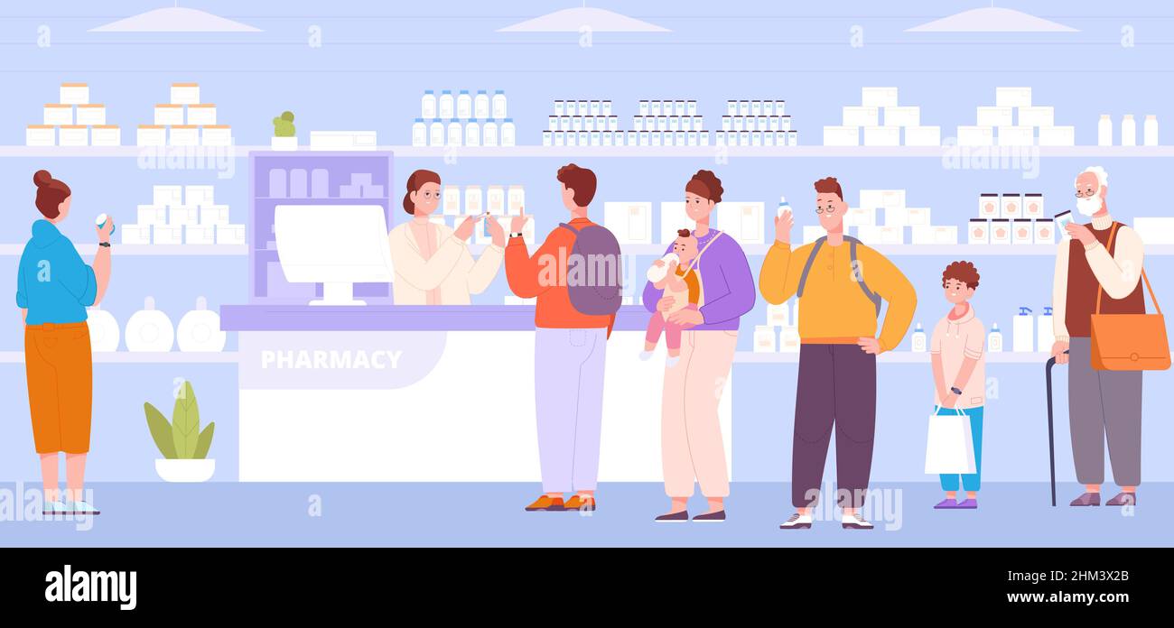 People in pharmacy store. Queue customers by counter drugstore, seller ...