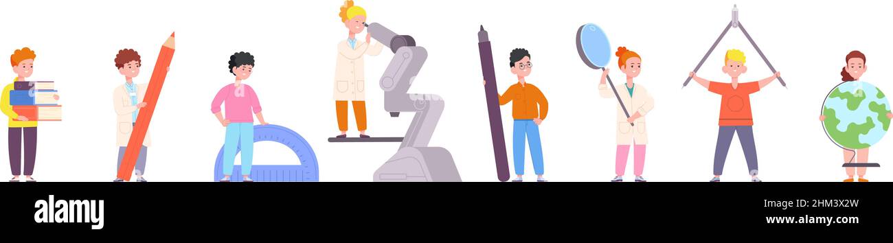 School children scientists. Cartoon child with reading tool pen pencil ...