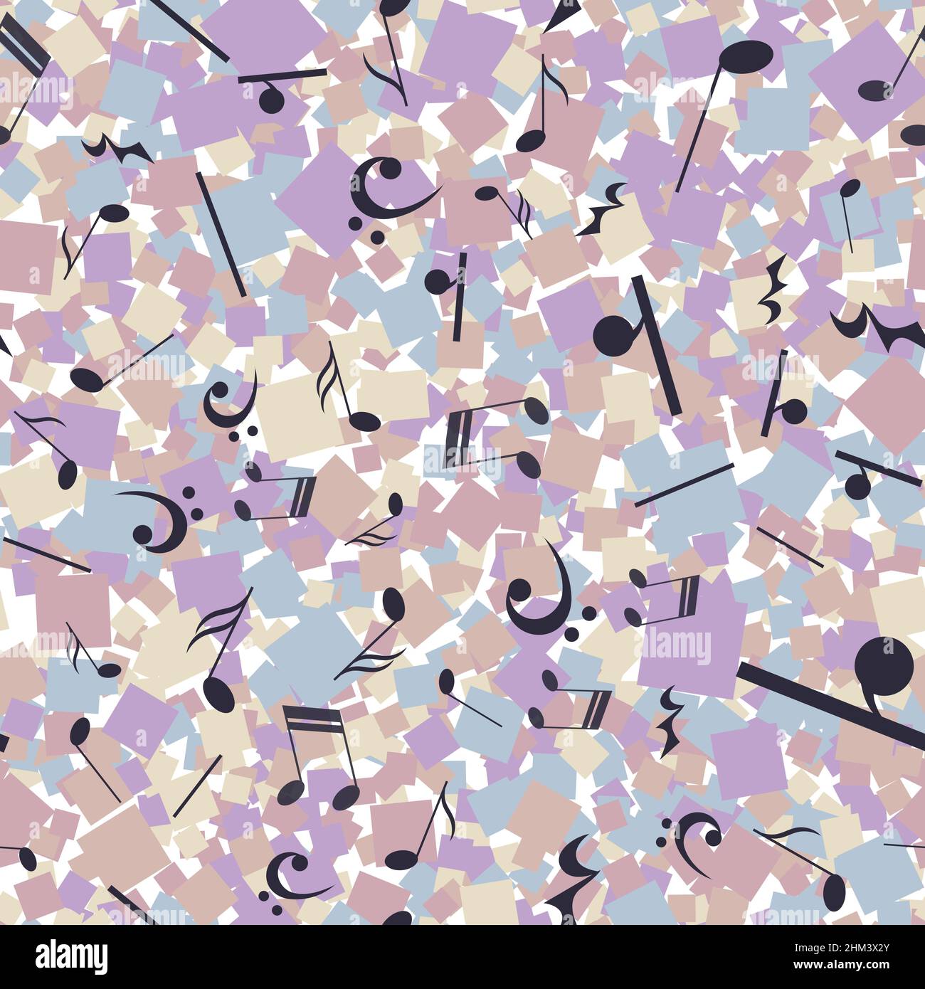 Dark notes and musical notation marks background with squares. Abstract ...