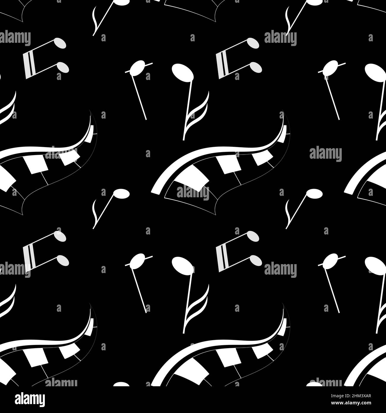 White notes and piano keys on a black background. Abstract Music ...