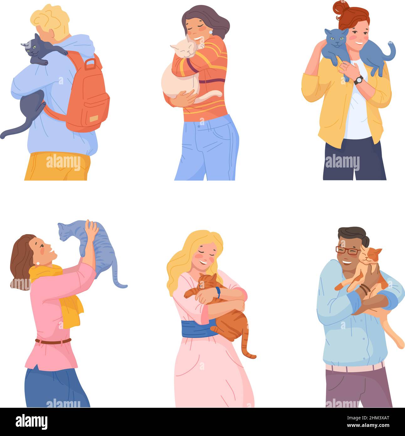 People hugs cats. Woman hug cat, girl adopted pet, owners play with ...