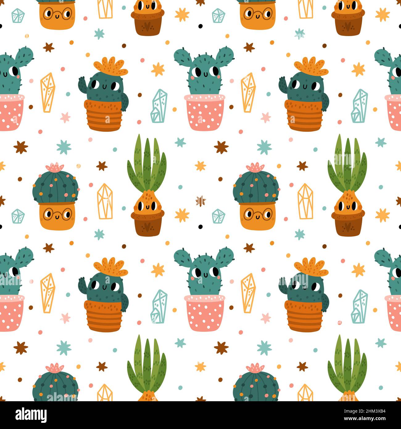 Cute cactus seamless pattern. Cartoon print with kawaii cacti in flower ...
