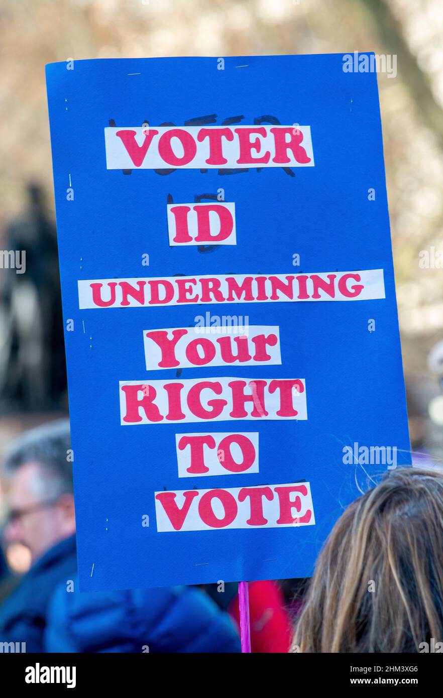 London, UK, 5th February 2022. Campaign sign at the Make Votes Matter ...