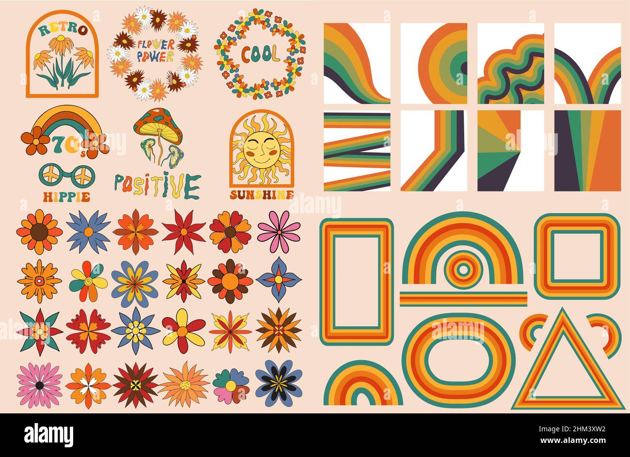 Big retro 70s set with flowers, rainbow posters, rainbow frames, t ...