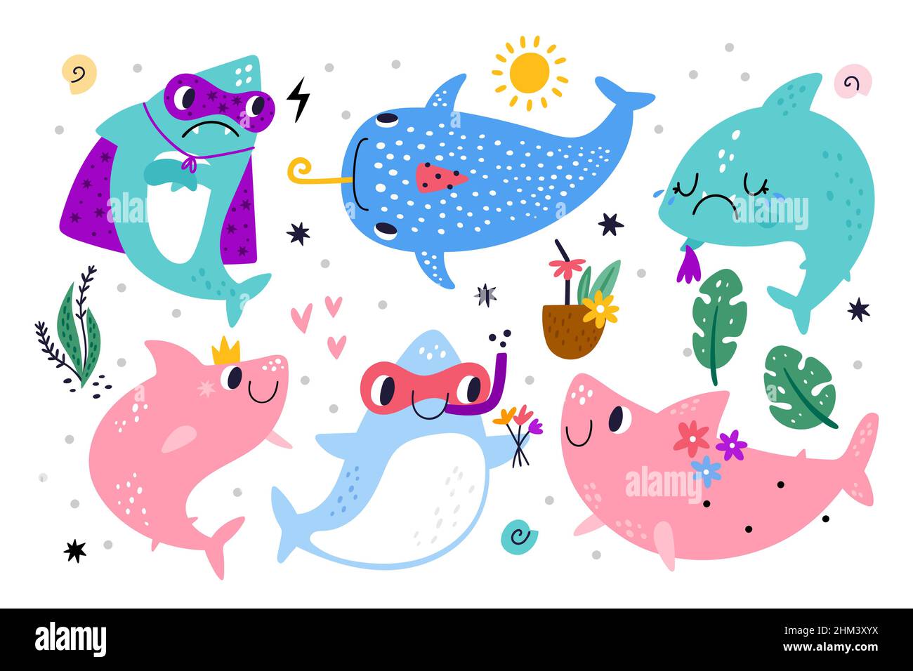 Cute shark characters. Funny ocean animals. Cartoon mascots. Kids sea ...