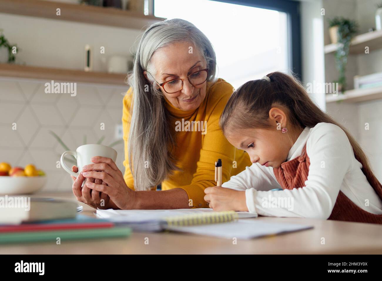 Small girl with grandmother doing homework at home Stock Photo - Alamy