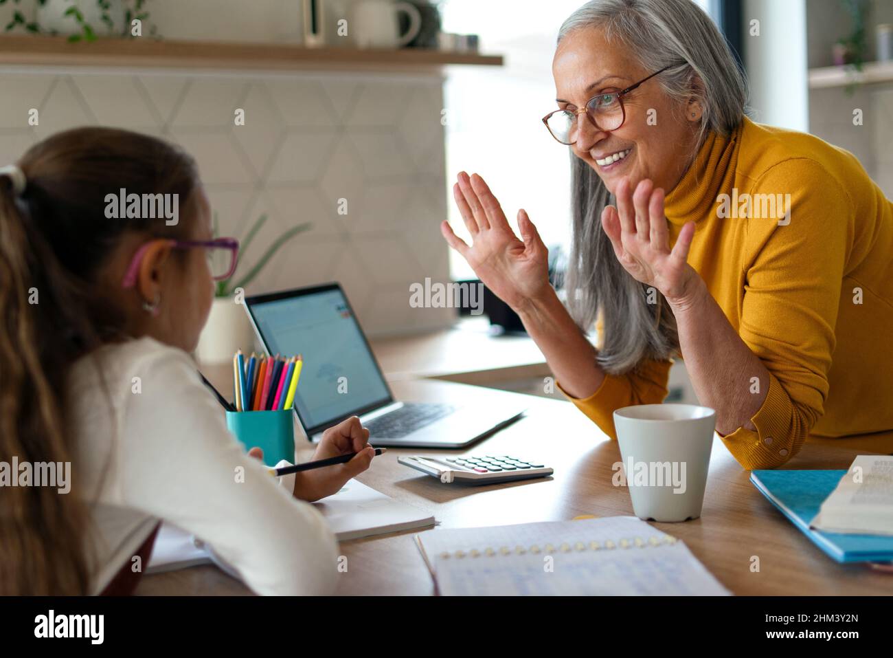 Small girl with senior grandmother doing maths homework at home Stock ...