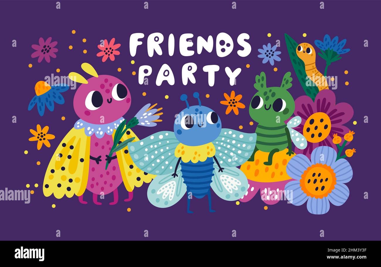 Funny bug poster. Colorful insects team with spring flowers. Nocturnal ...