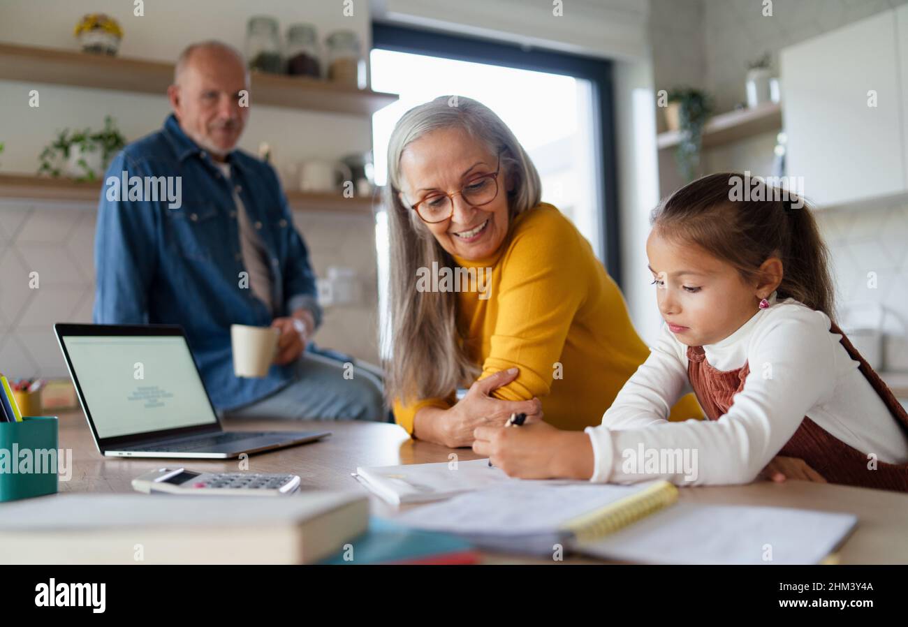 Small girl with senior grandparents doing maths homework at home Stock ...