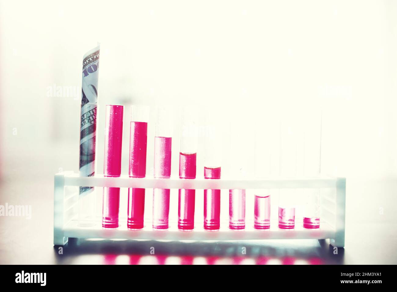 Test tube with blue liquid on laboratory table. Examination of liquid ...