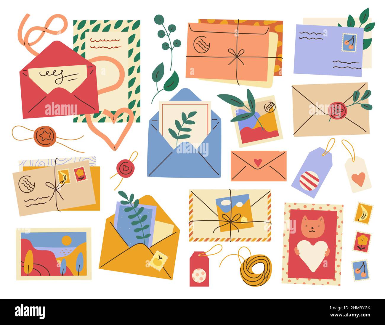 Letters and postcards. Postal paper elements. Closed or open envelopes ...