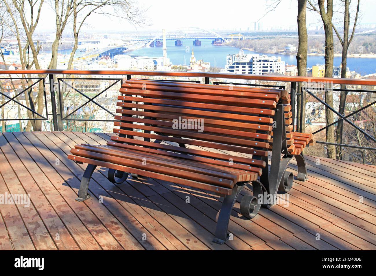 Benches for relaxation in the spring park. Viewpoint and Upper Park on ...