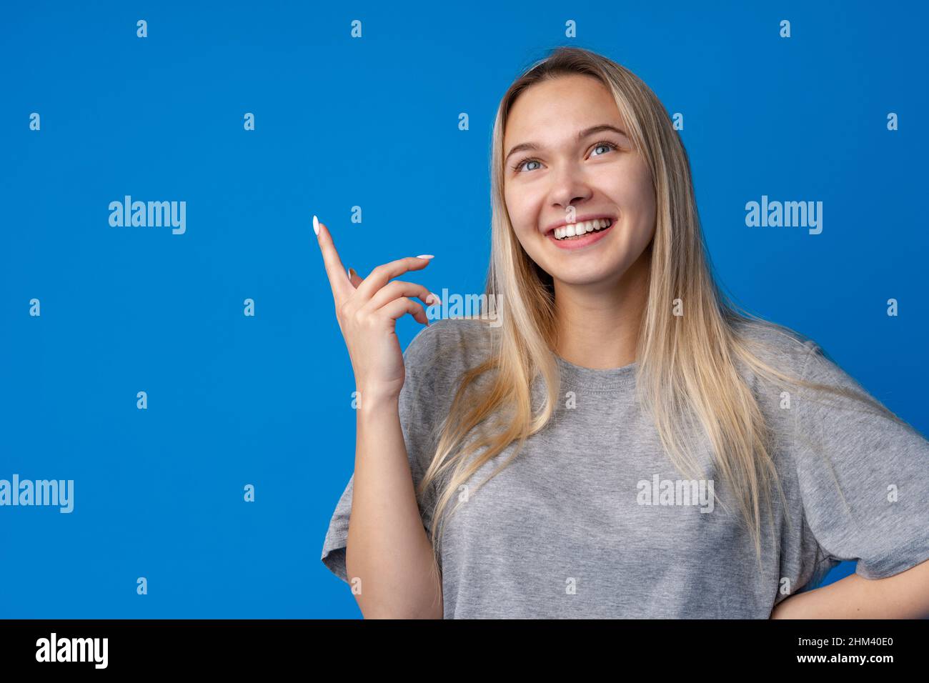 Portrait of pretty teen girl thinking and creating solution against ...
