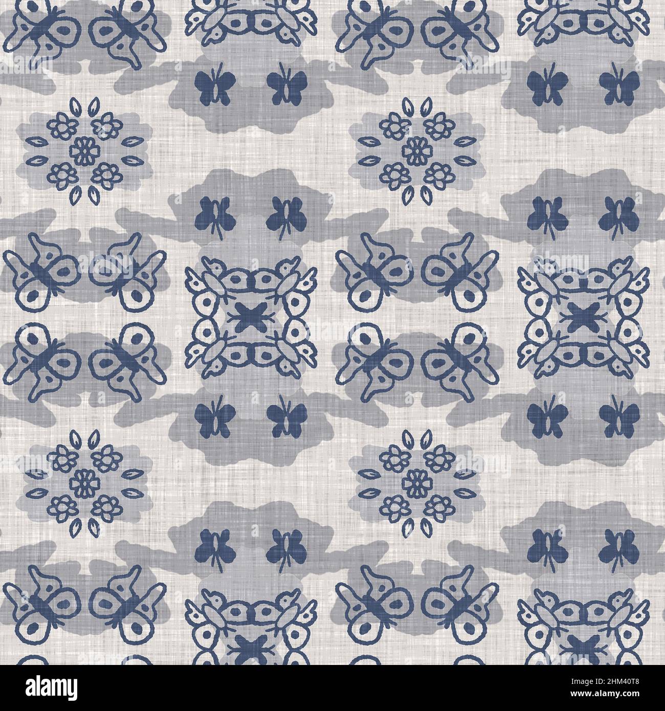 Farmhouse blue butterfly linen seamless pattern. Tonal french country ...