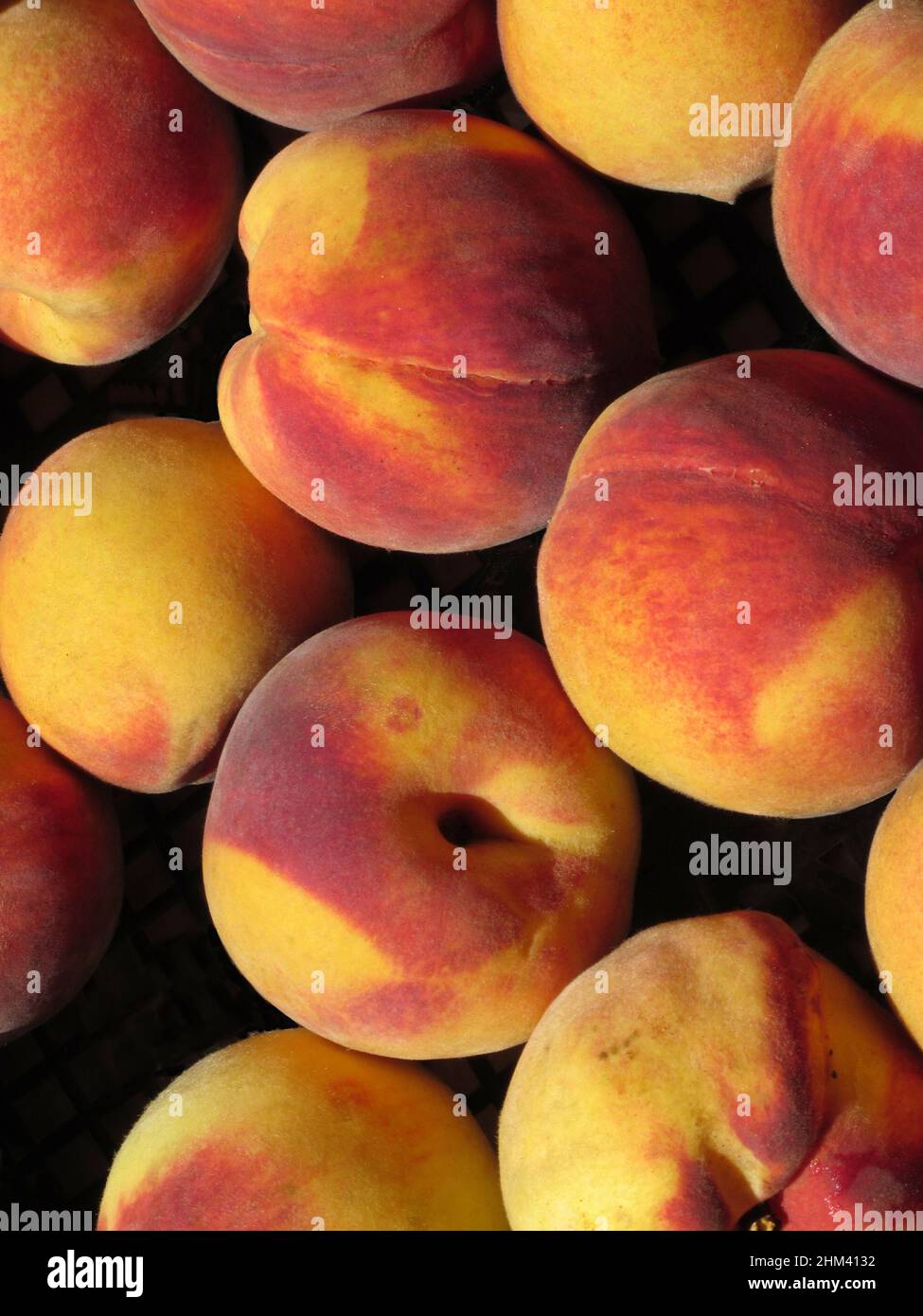 Peaches background Fresh fruits in the box Stock Photo - Alamy