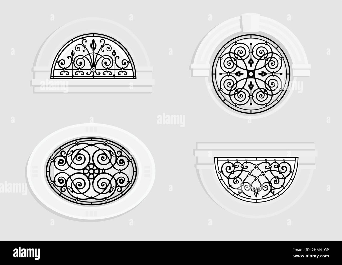 Set round and arched windows with wrought iron bars in a classic style ...