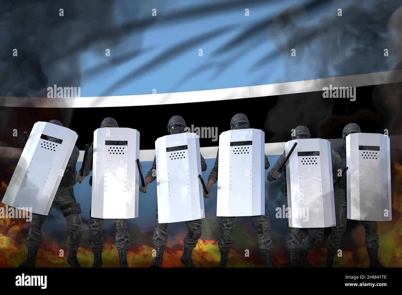 Botswana police guards in heavy smoke and fire protecting peaceful ...