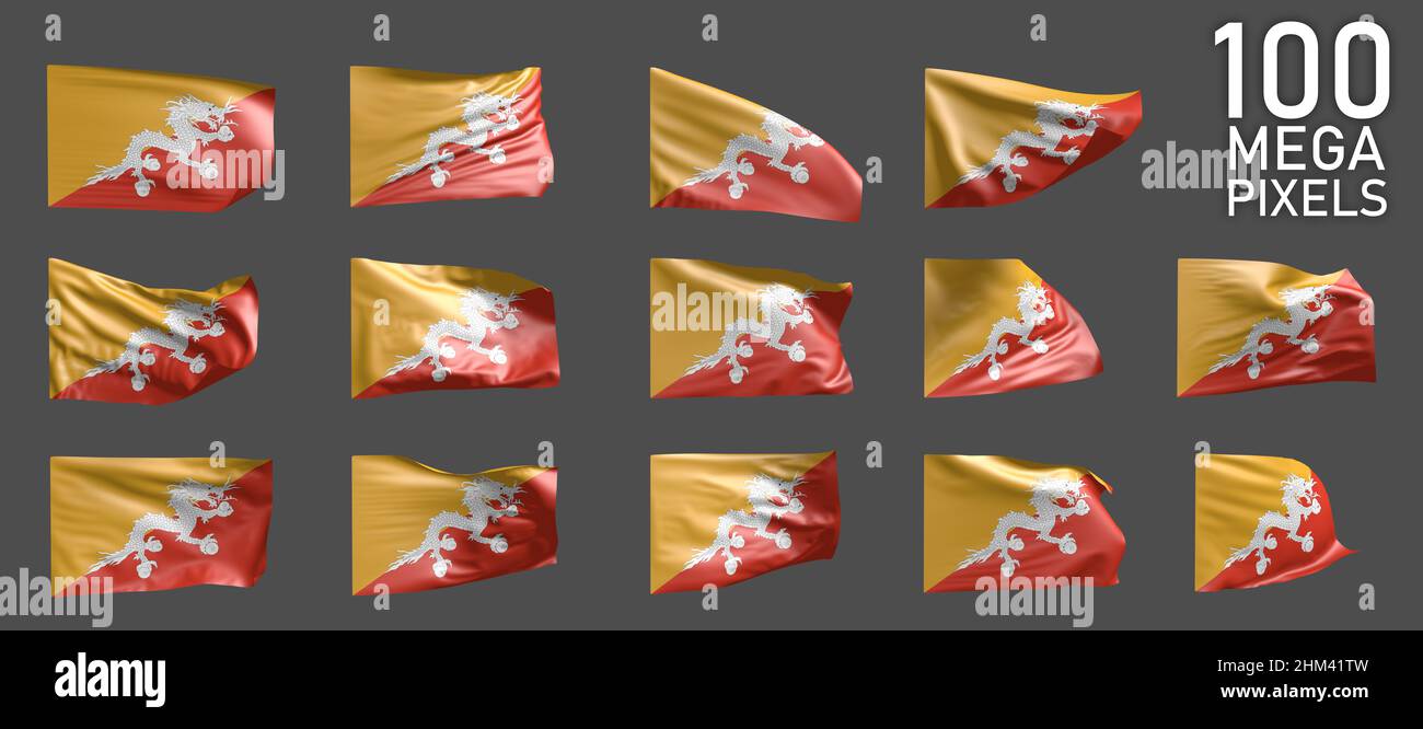 many different realistic renders of Bhutan flag isolated on grey ...