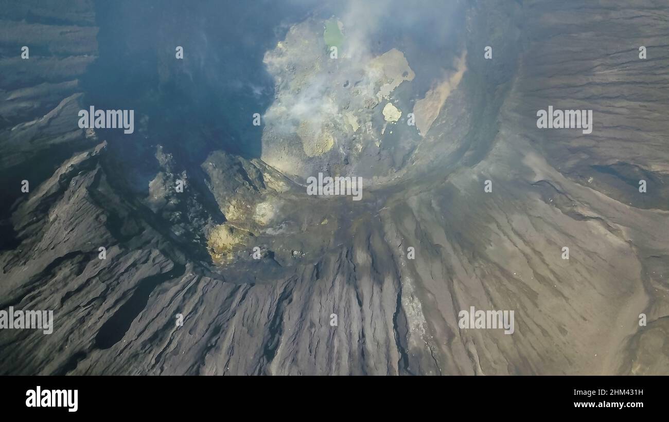 Top down drone picture of the volcanic activity of the Bromo crater in ...