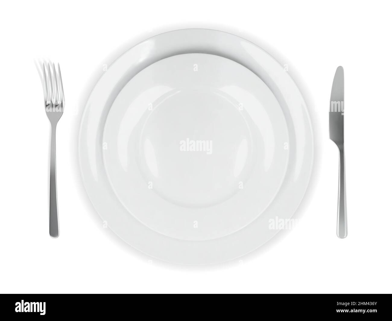 Two white round empty plates top view with fork and knife Stock Vector ...