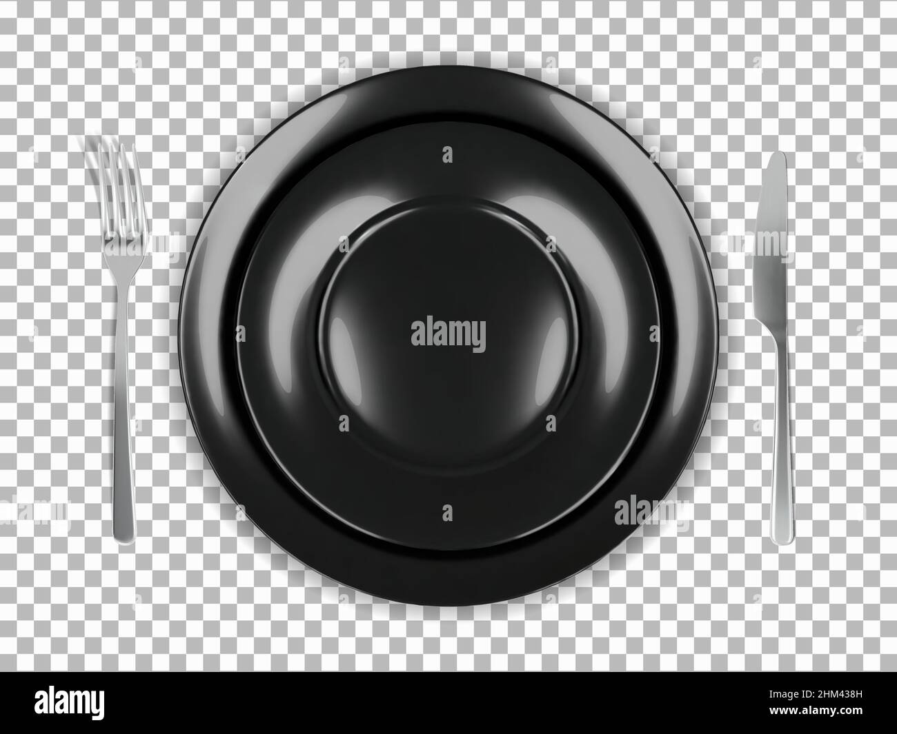 Two black round empty plates top view with fork and knife Stock Vector ...
