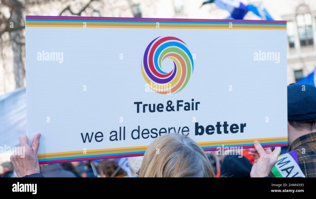 London, UK, 5th February 2022. Campaign sign at the Make Votes Matter ...