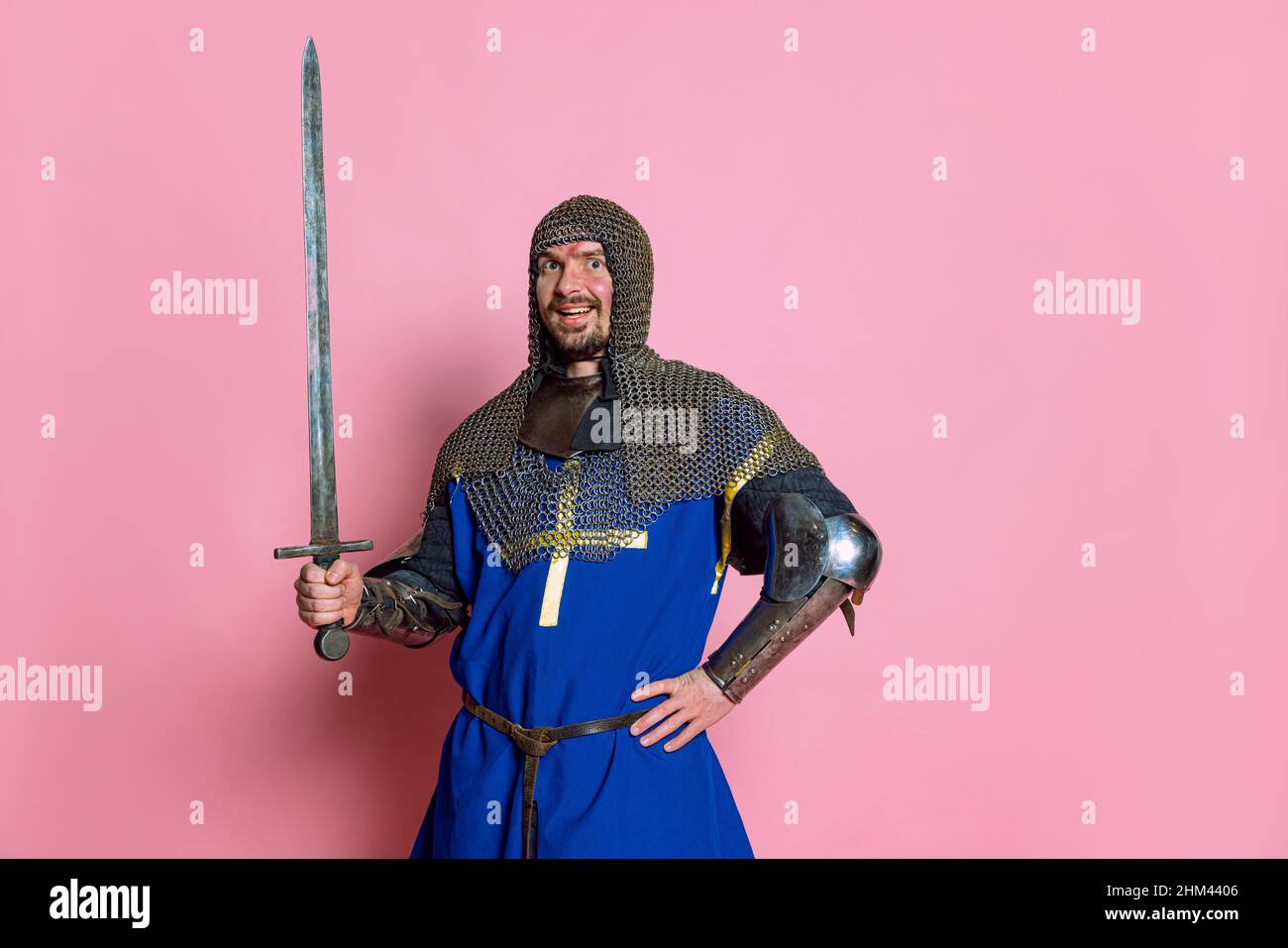 Half-length portrait of man, medieval warrior or knight with wounded ...