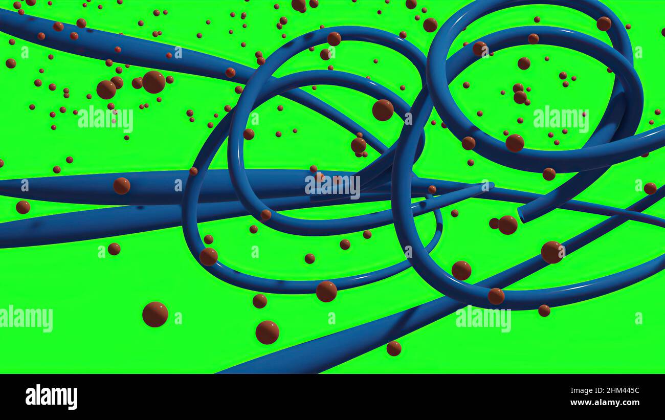 3d illustration - Abstract spiral shape and red particle sphere on ...