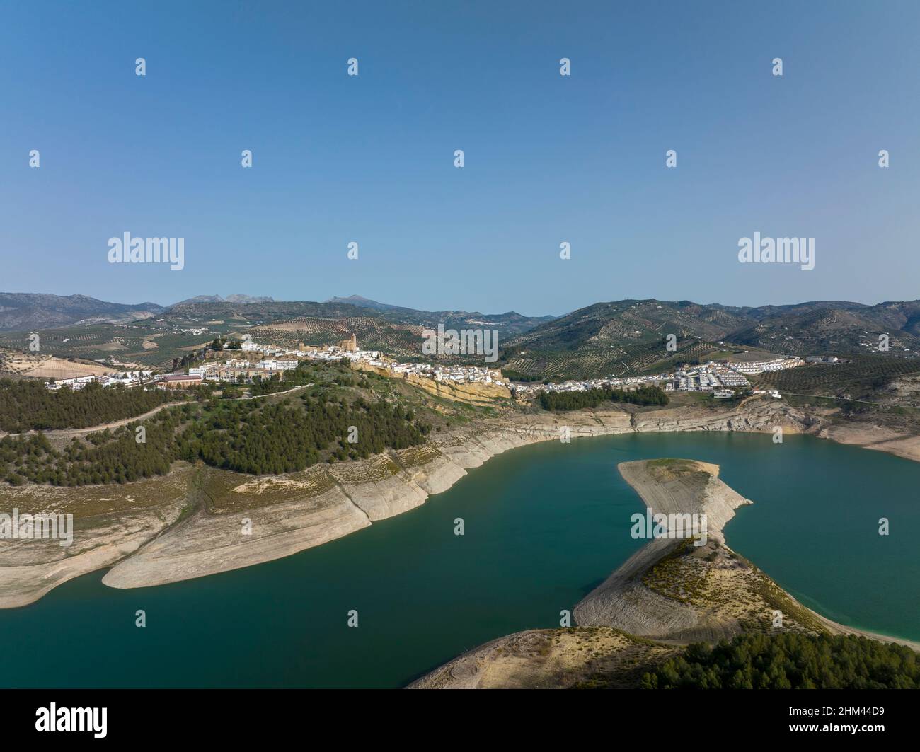 view of a water reservoir with low water levels Stock Photo - Alamy
