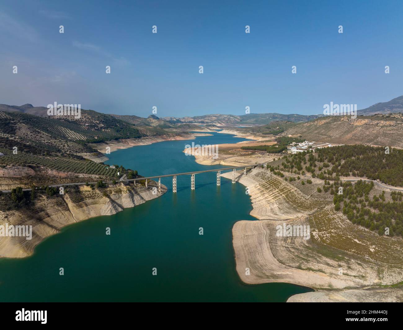 view of a water reservoir with low water levels Stock Photo - Alamy