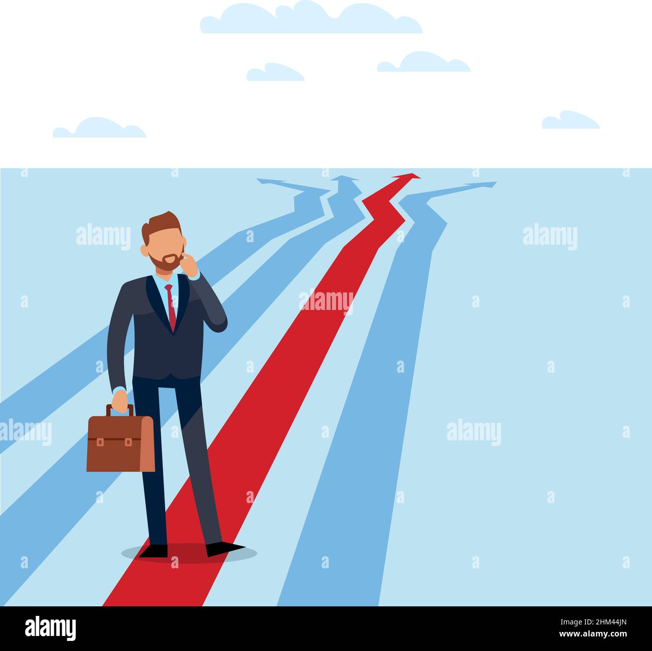 Choosing the right path. Thoughtful businessman, different arrows ways ...