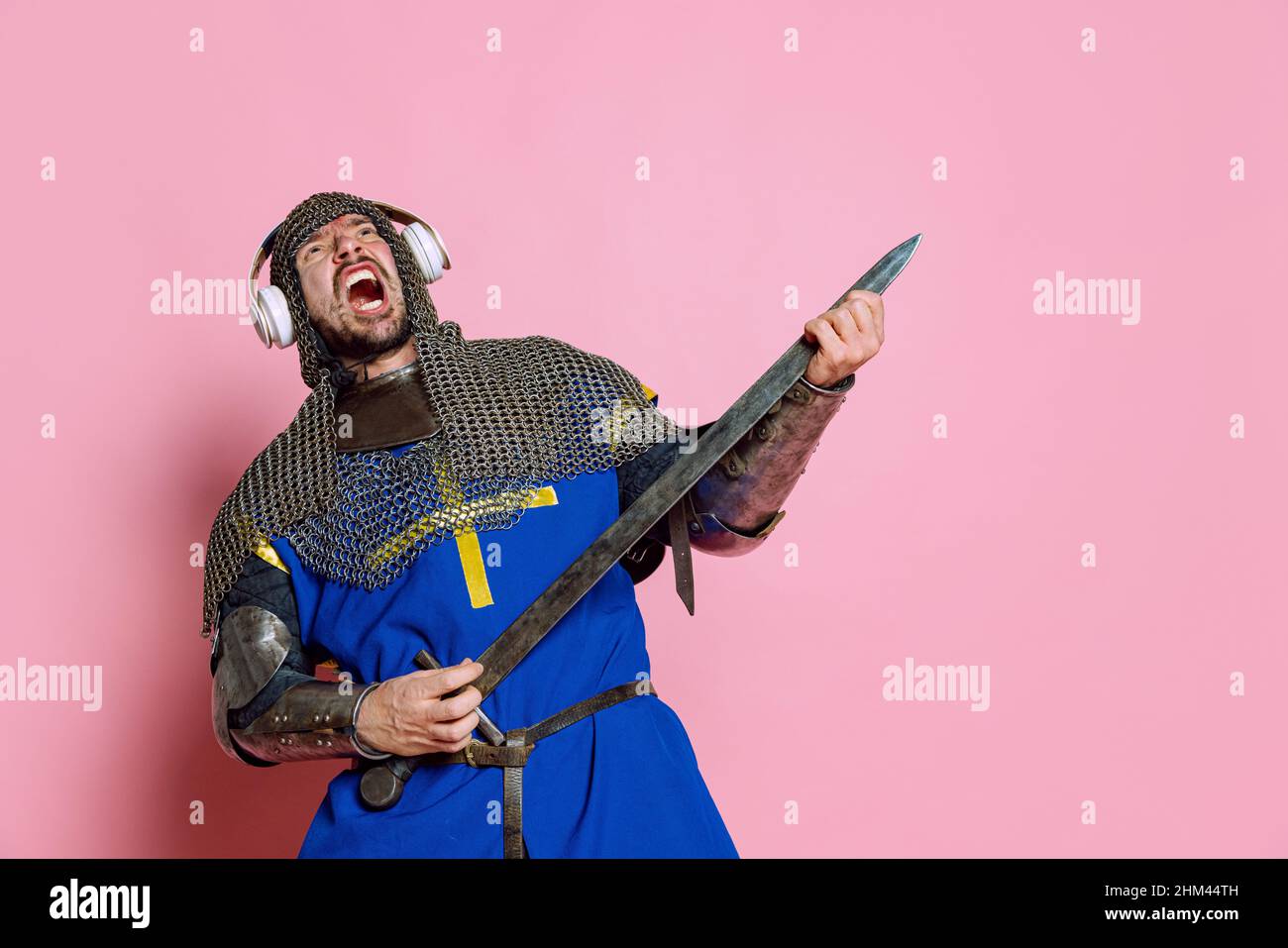 Half-length portrait of man, medieval warrior or knight in armor ...