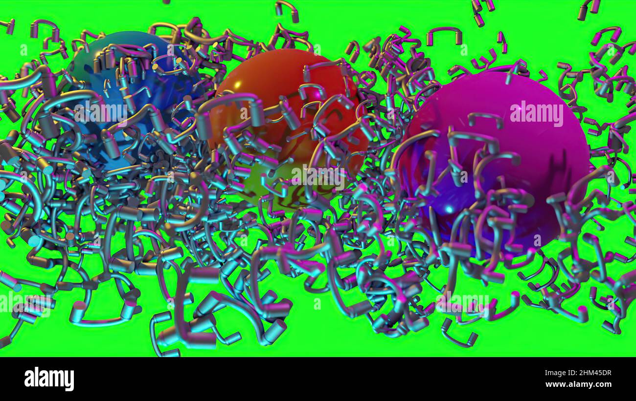 3d illustration - Sphere figure with silver metallic pipes on the green ...