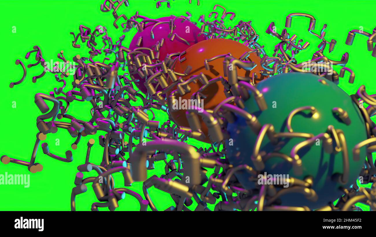 3d illustration - Sphere figure with silver metallic pipes on the green ...