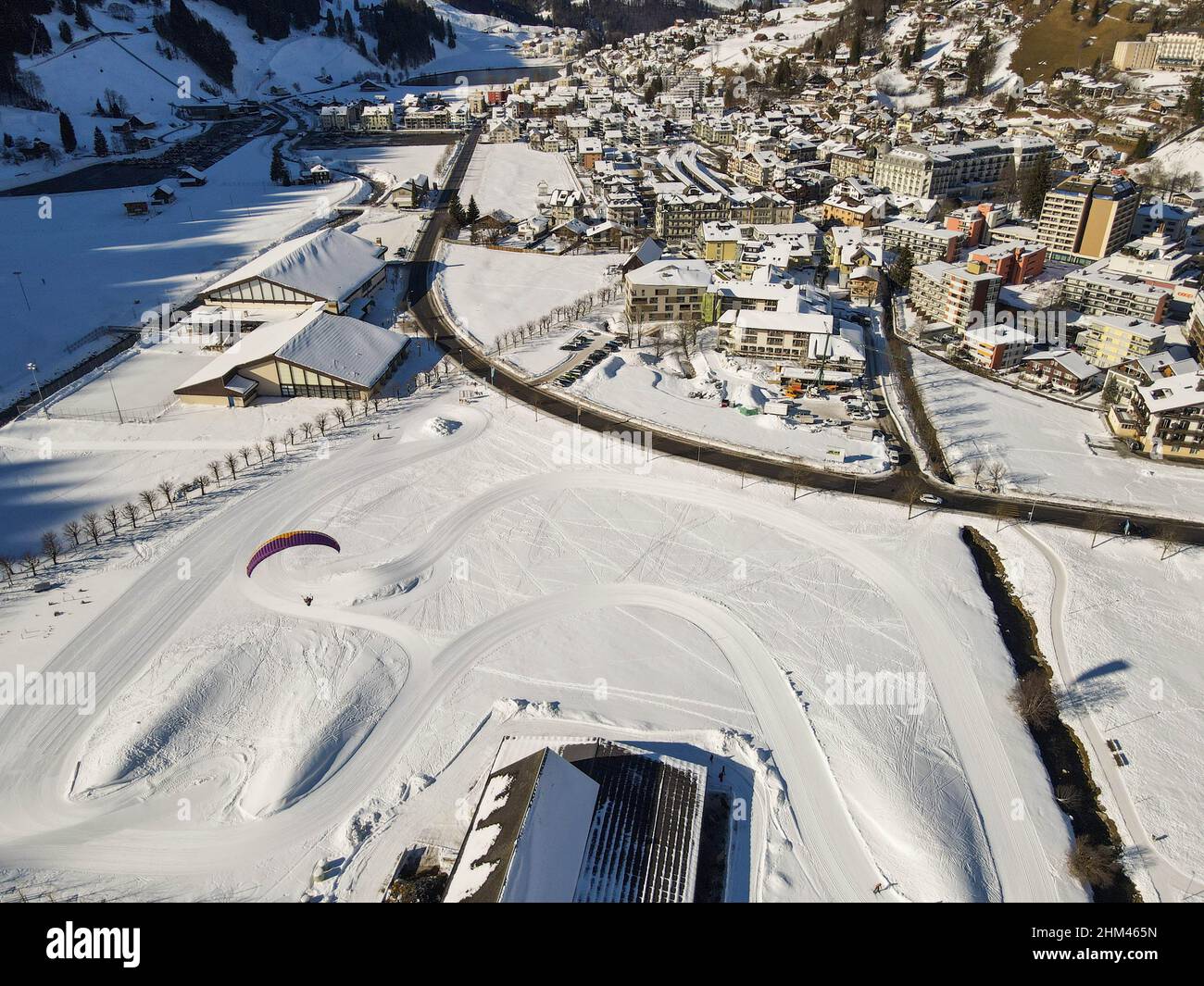 Drone view at the village of Engelberg on the Swiss alps Stock Photo ...