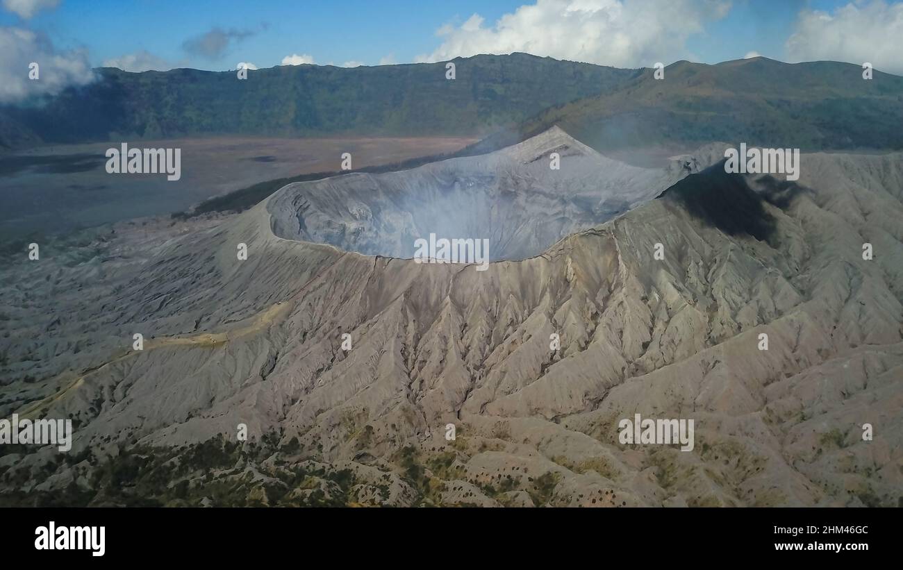 Mountain Bromo active volcano crater in East Jawa, Indonesia. Top view ...
