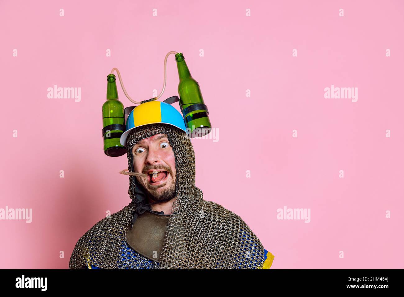 Half-length portrait of funny looking man, medieval warrior or knight ...