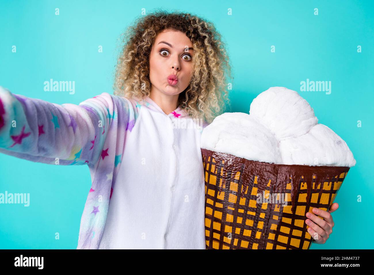 Photo Of Flirty Millennial Wavy Hairdo Lady Do Selfie With Ice Cream