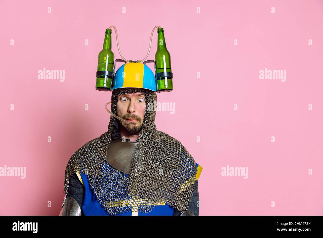 Half-length portrait of funny looking man, medieval warrior or knight ...
