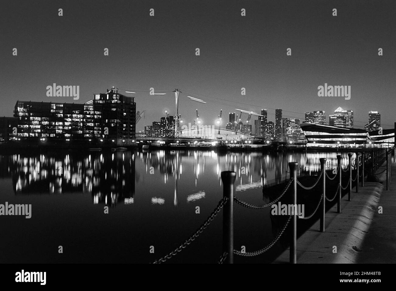Royal Victoria Dock, London Docklands UK, at dusk, looking west towards ...
