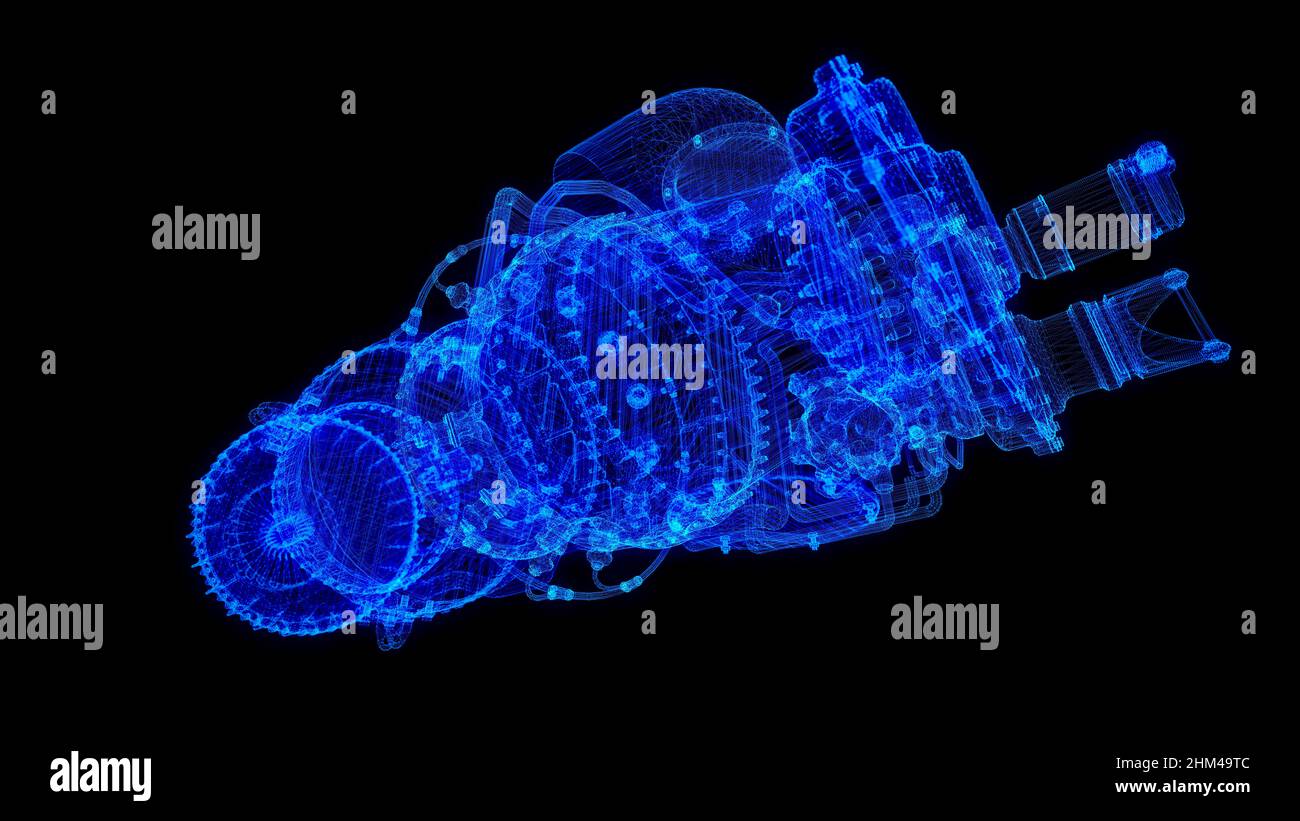 Gas turbine engine. Blue particle and lines form 3d model. 3d ...
