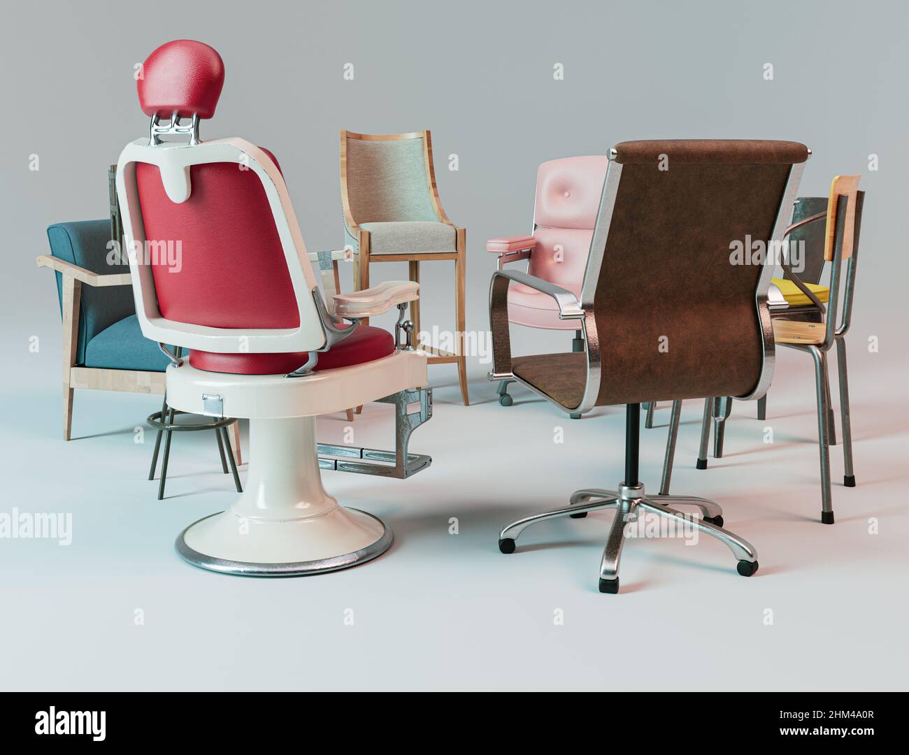 A concept showing a diverse collection of chairs in various styles and ...