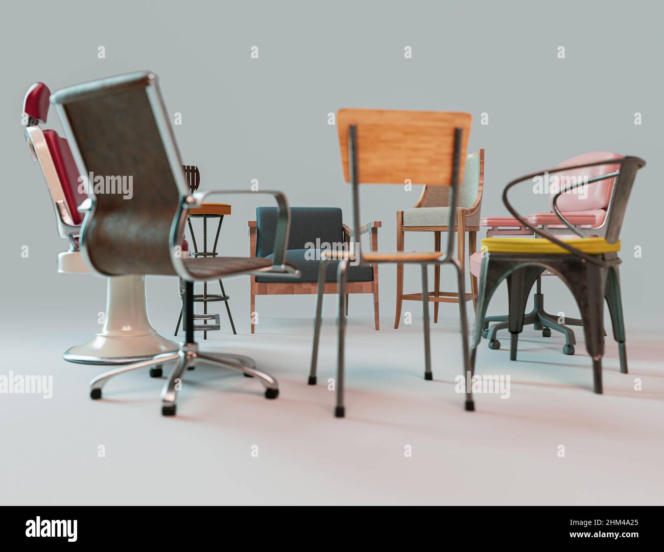 A concept showing a diverse collection of chairs in various styles and ...