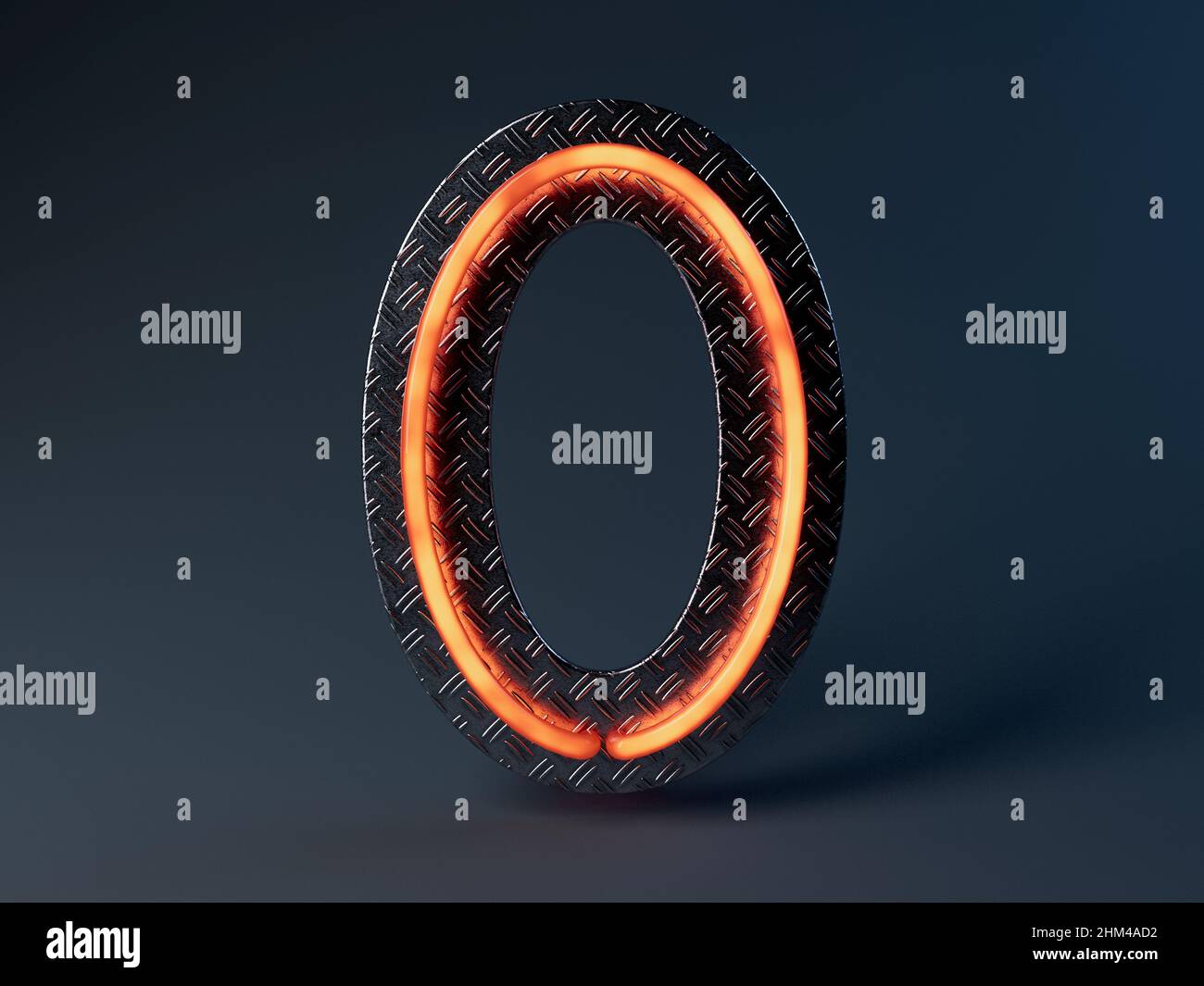 An illuminated orange number zero mounted on a shiny metal treadplate ...