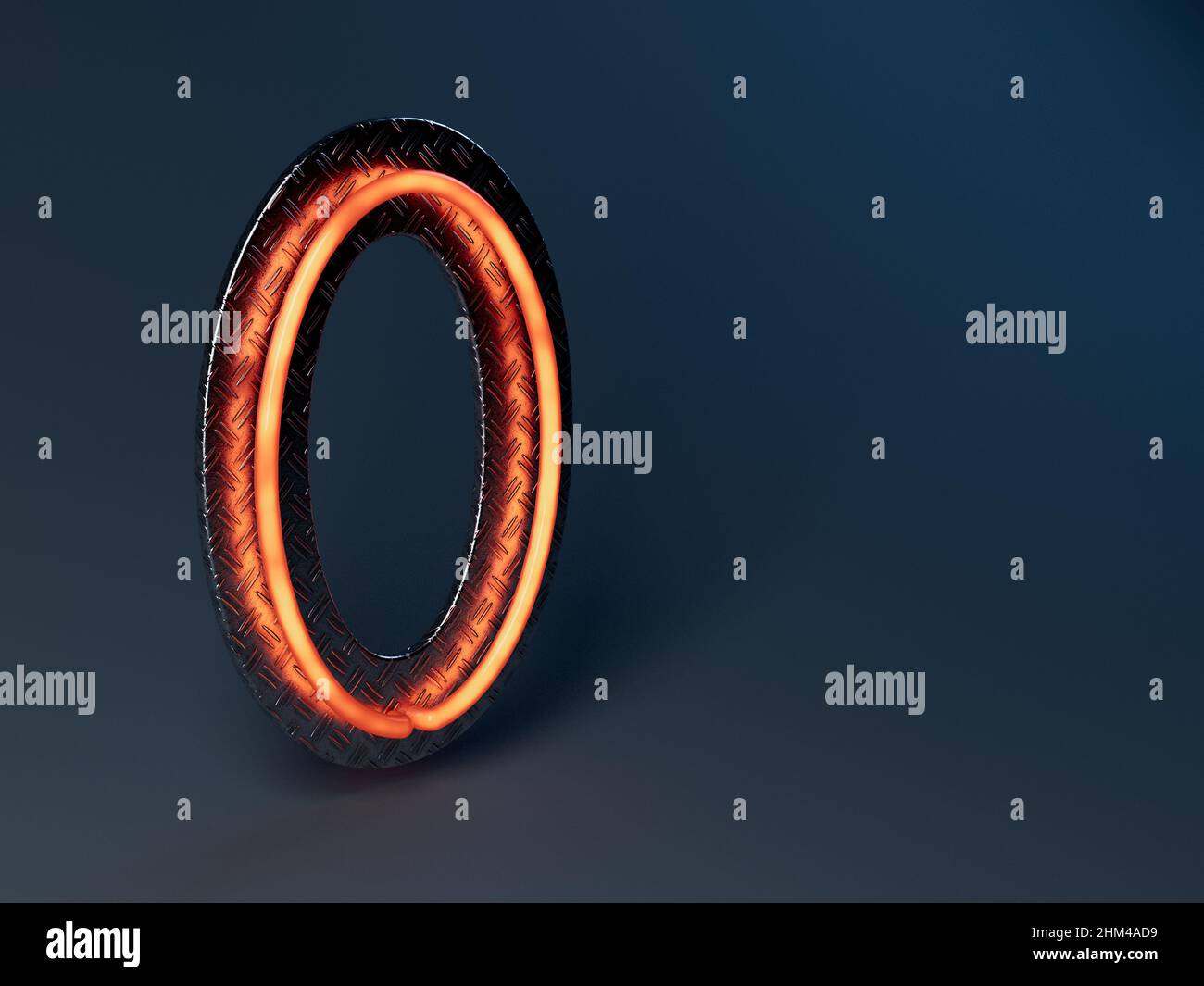 An illuminated orange number zero mounted on a shiny metal treadplate ...